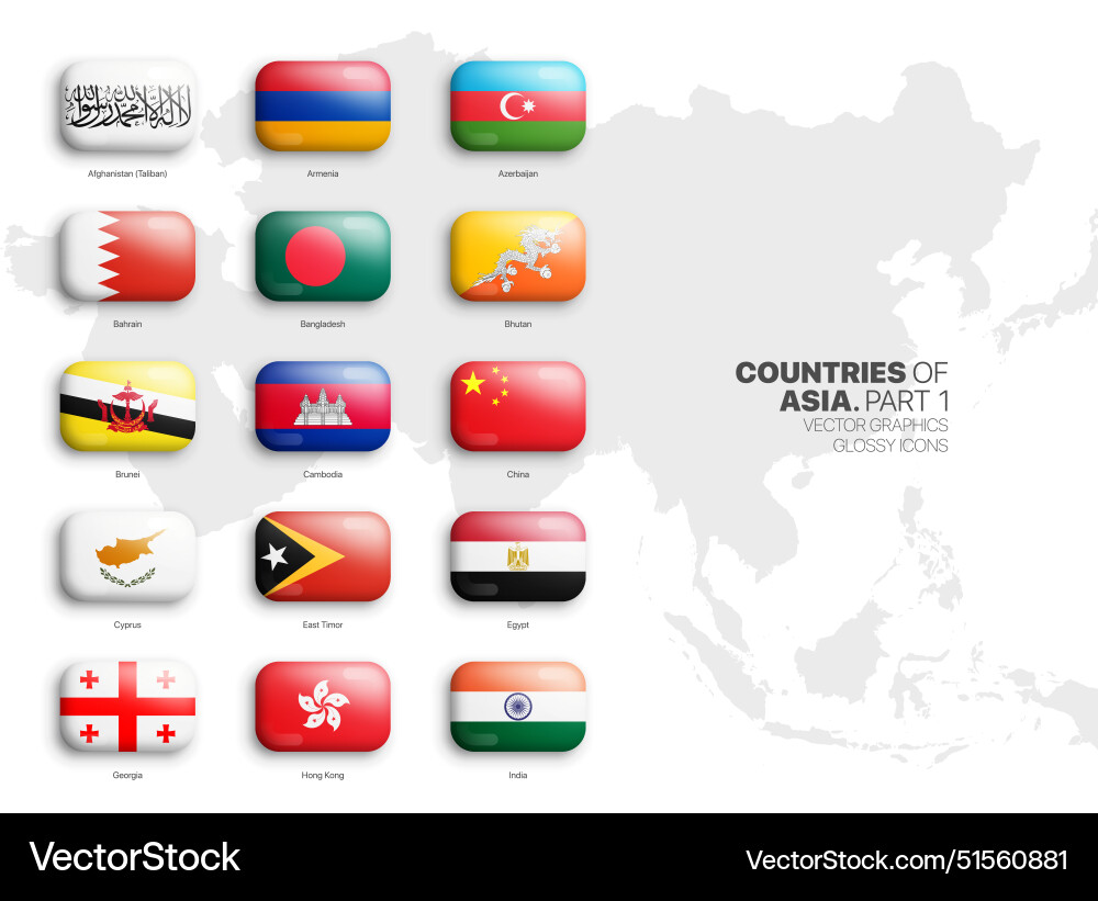 All asian countries flags 3d rounded glossy icons Vector Image