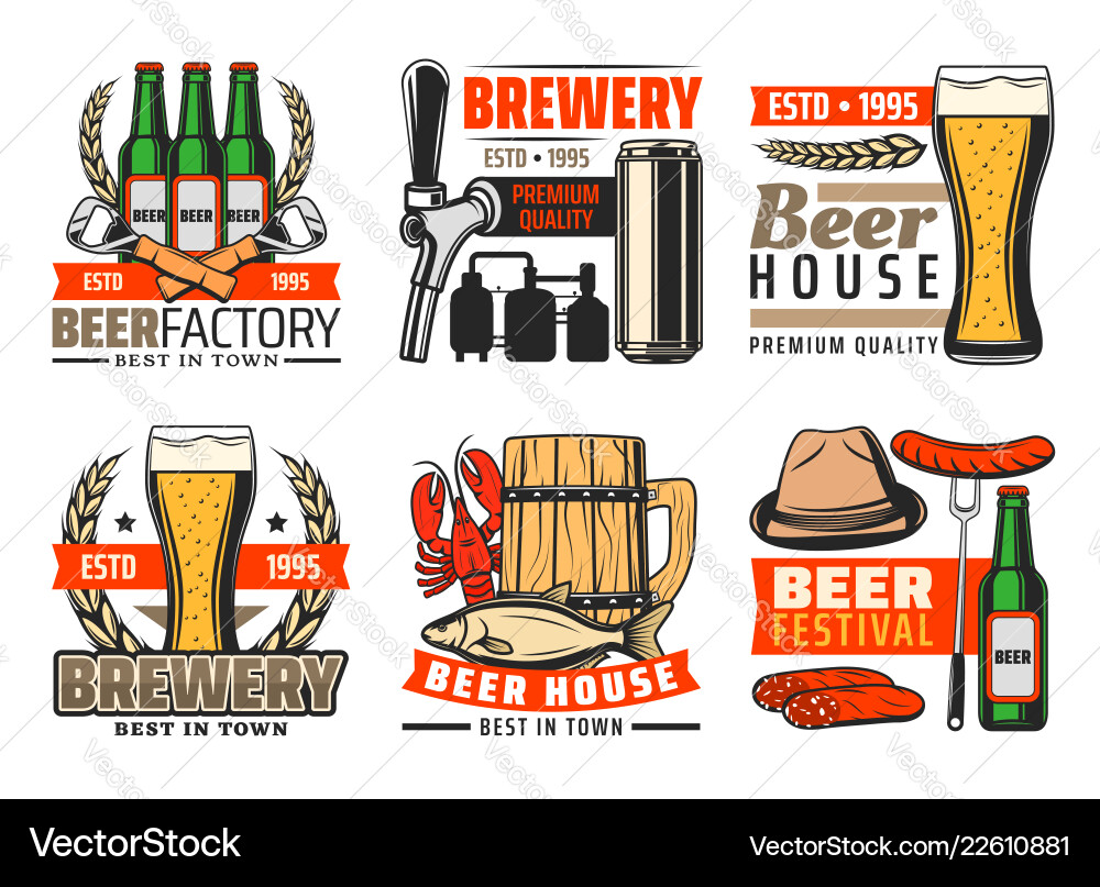 Beer bar and brewery pub icons Royalty Free Vector Image