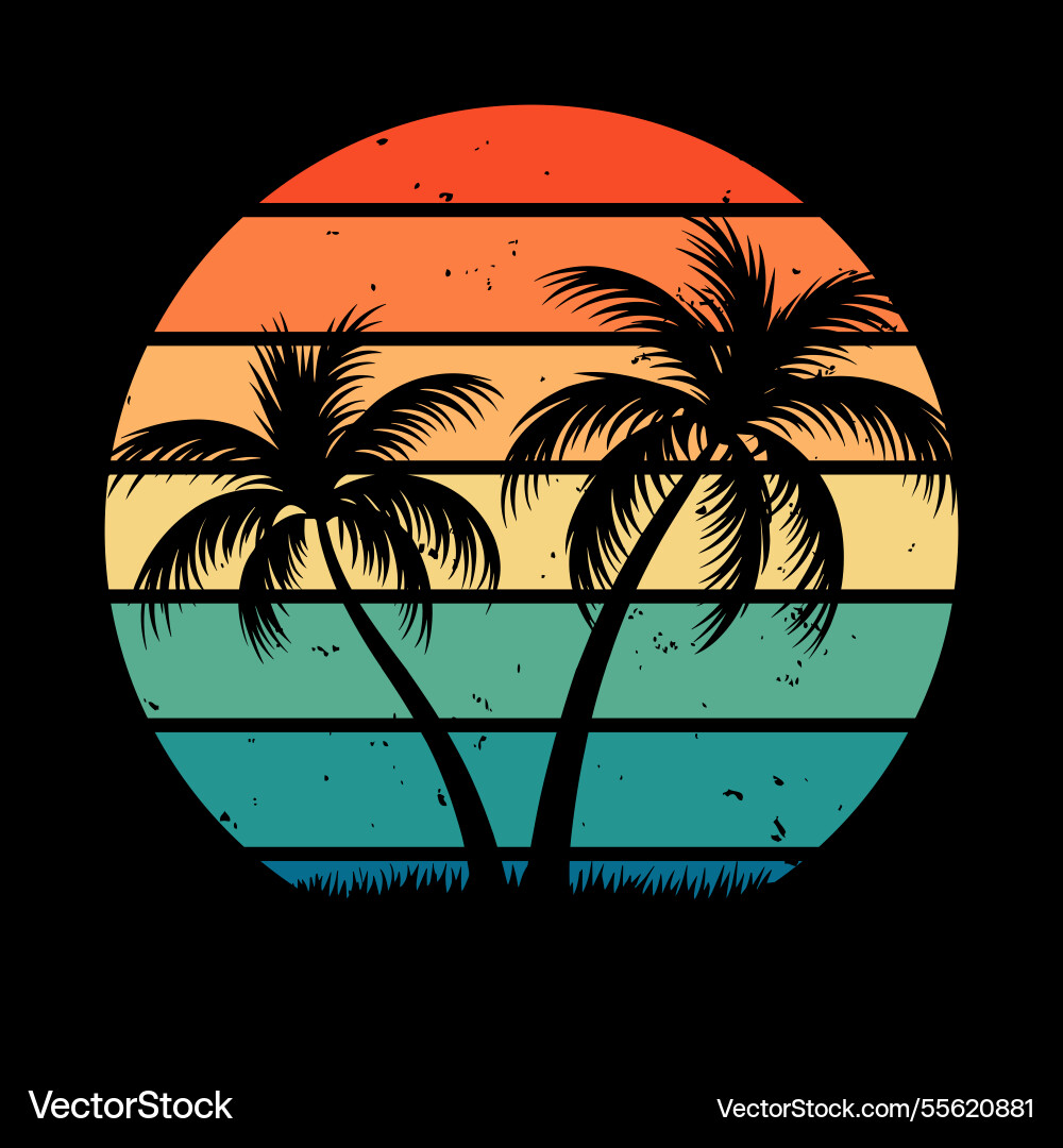 Retro palm tree sunset vintage tropical beach Vector Image
