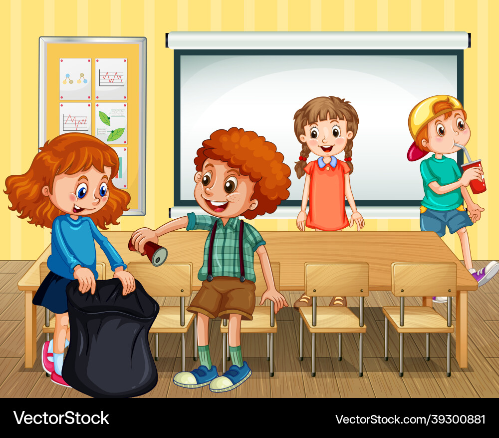 Scene with students cleaning classroom together Vector Image