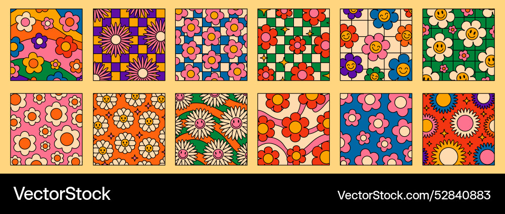 Cool groovy flower patterns set psychedelic daisy Vector Image