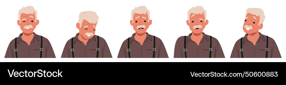 Old mustached man face emotions wrinkled senior Vector Image