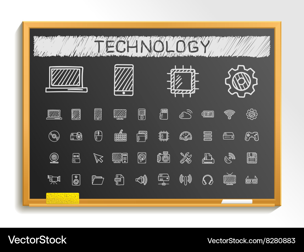 Technology hand drawing line icons chalk sketch Vector Image