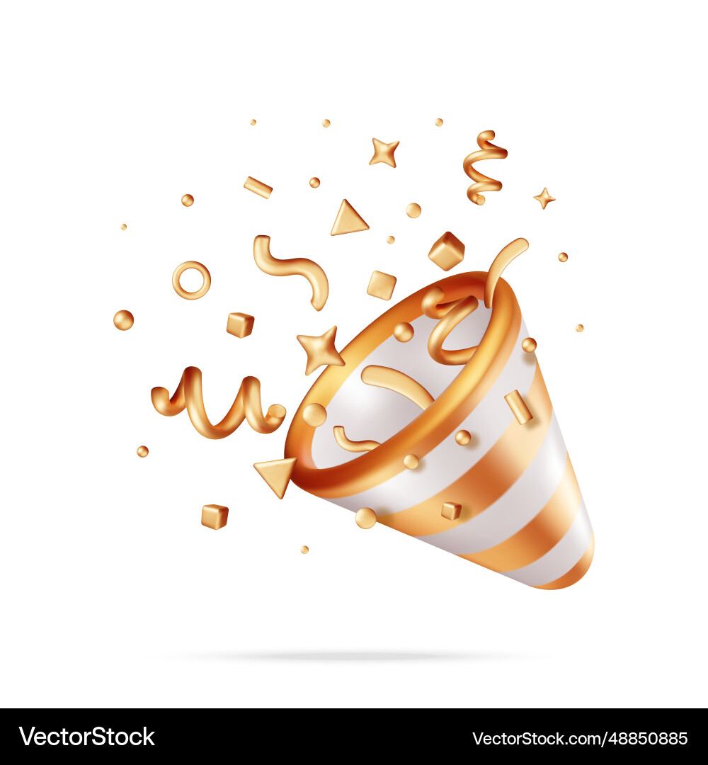 3d gold party popper with confetti Royalty Free Vector Image