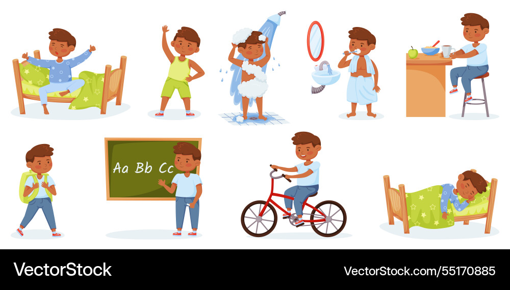 Cartoon little boy daily routine morning Vector Image
