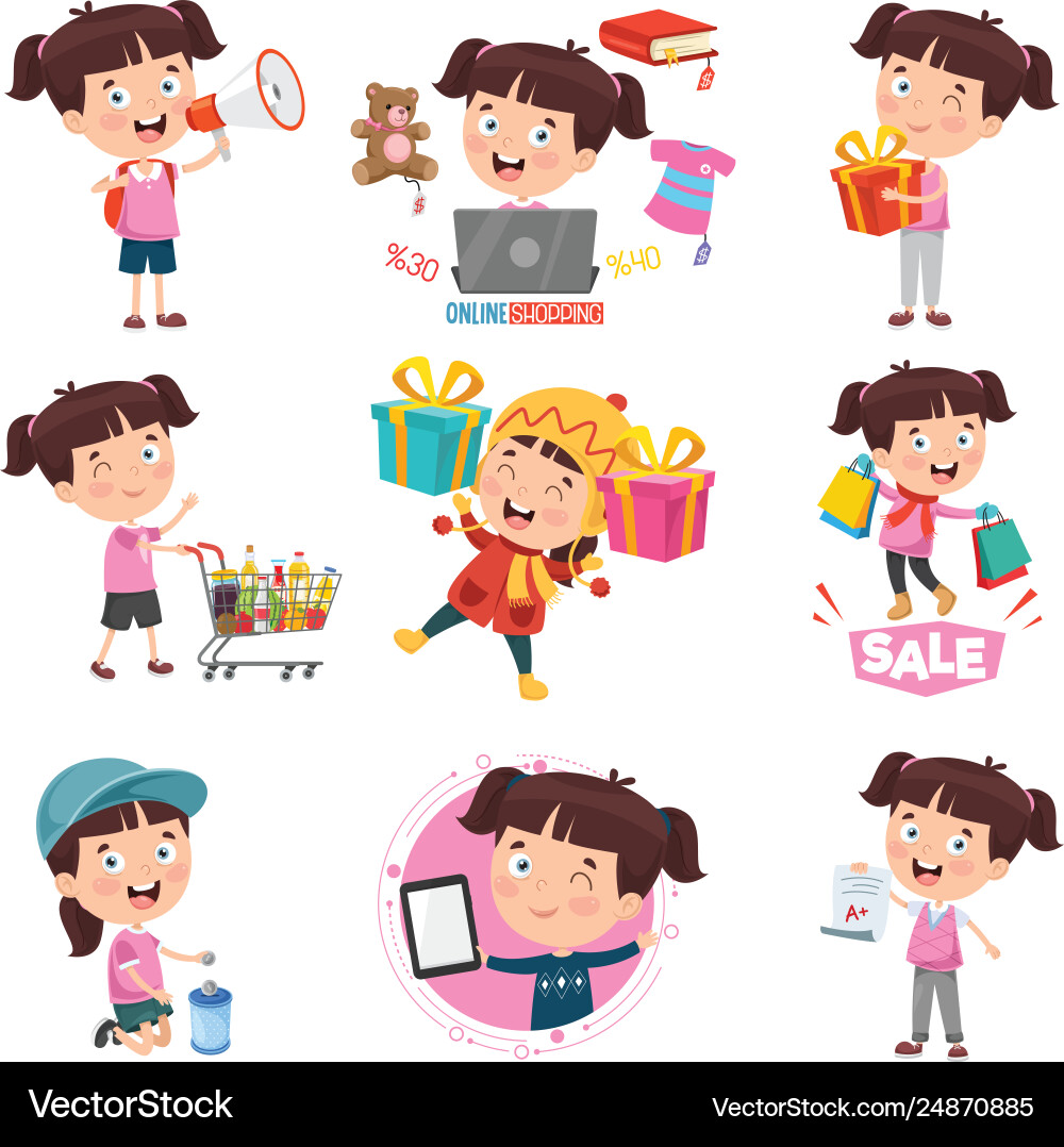 Girl doing various activities Royalty Free Vector Image