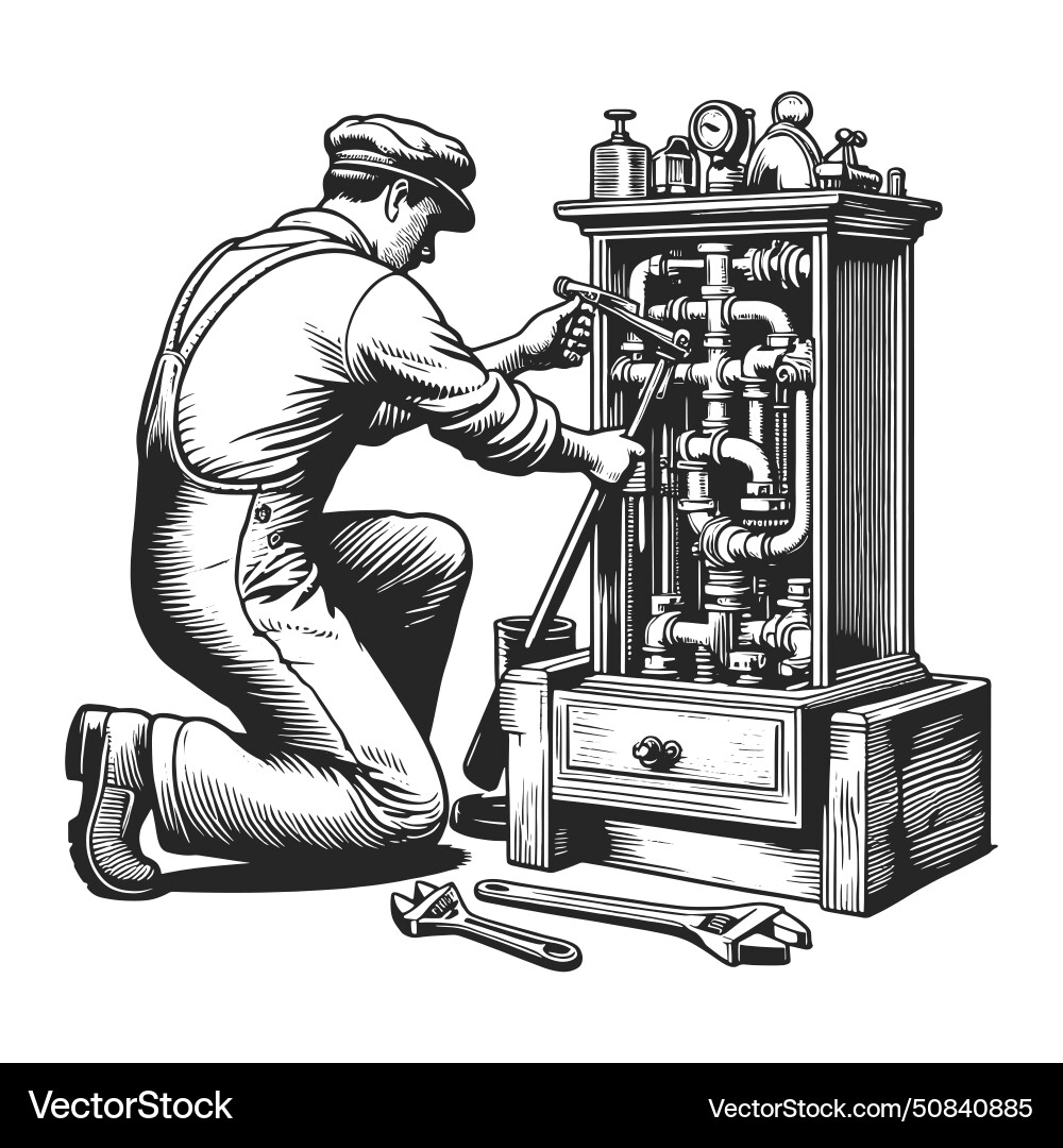 Plumber at work engraving sketch Royalty Free Vector Image