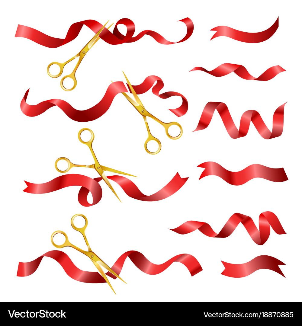 Red ribbon and golden scissors cutting Royalty Free Vector