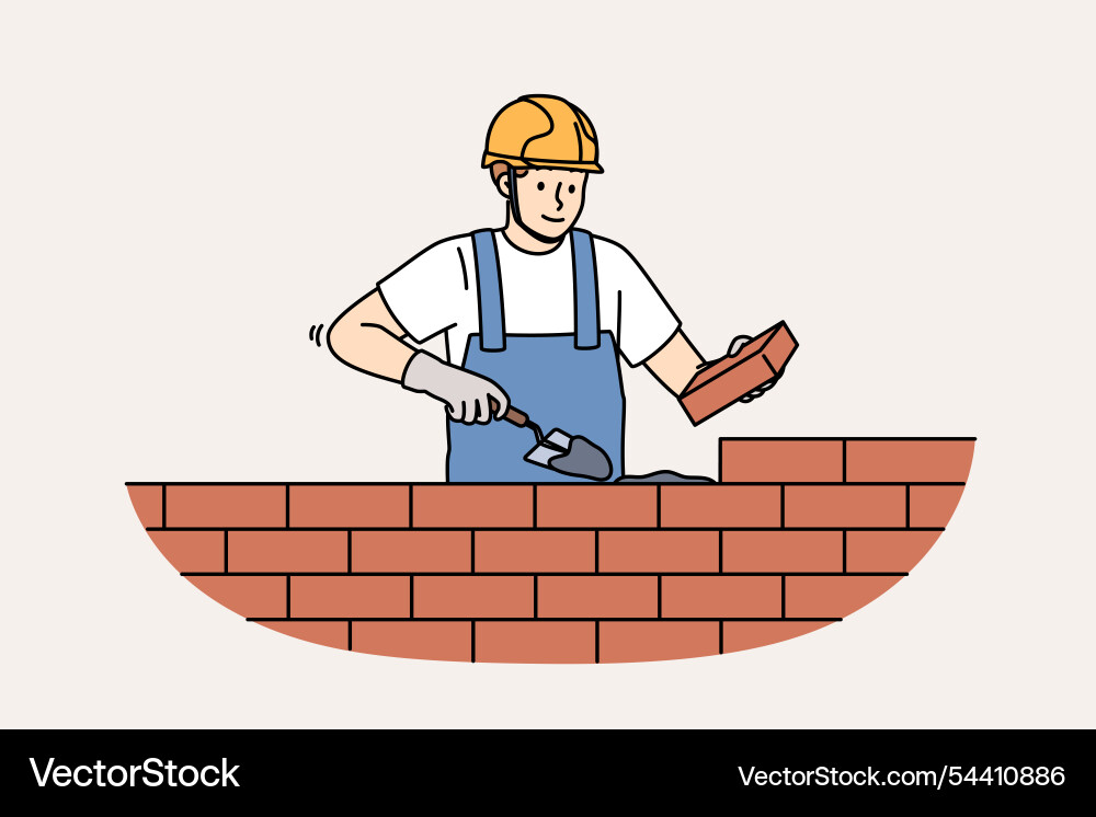 Man bricklayer builds brick wall by spreading Vector Image
