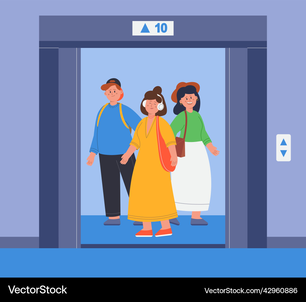 Young people inside lift with open door flat Vector Image