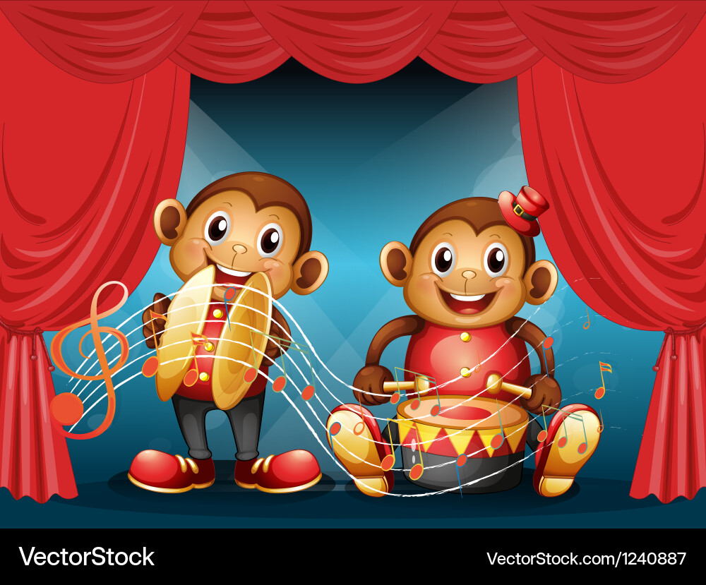 Two monkeys performing at the stage Royalty Free Vector