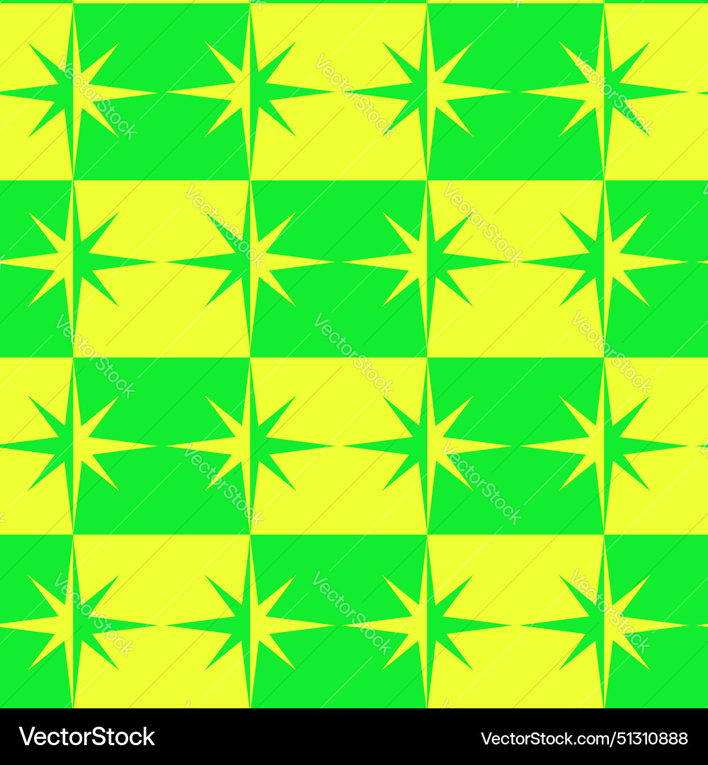 Checkered yellow green starbursts seamless pattern