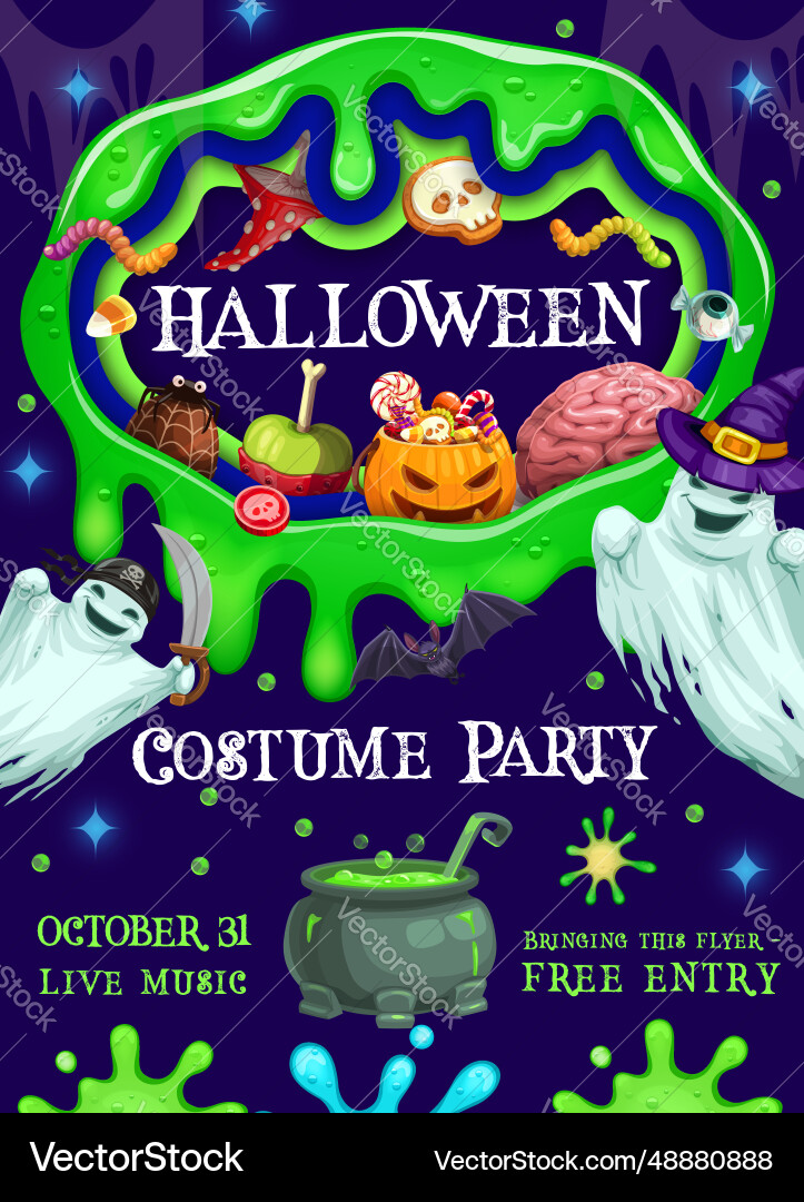 Halloween party flyer green slime and ghosts Vector Image