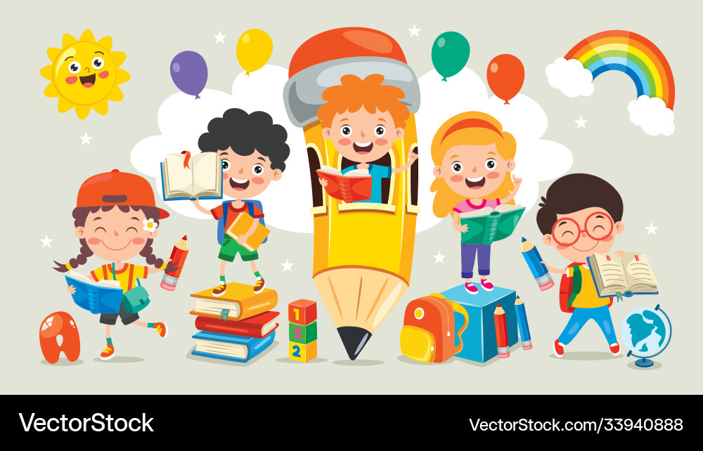 Little school children studying and learning Vector Image