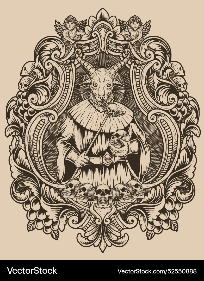 Scary baphomet on engraving ornament frame Vector Image
