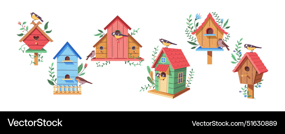 Birds nesting in birdhouses 2d cartoon objects set