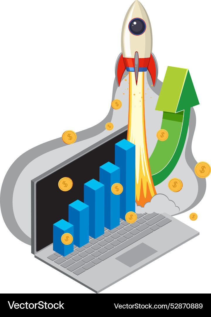 Rocket launching from laptop with rising graph Vector Image