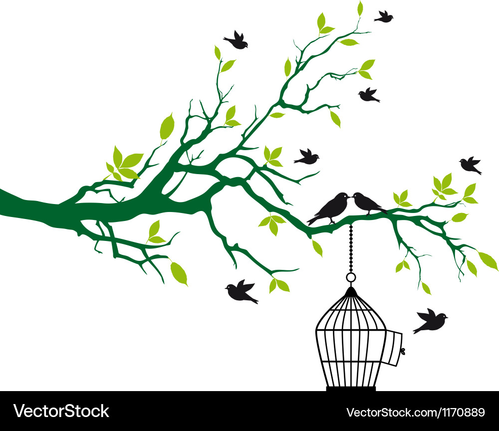 Tree branch with birds and birdcage Royalty Free Vector