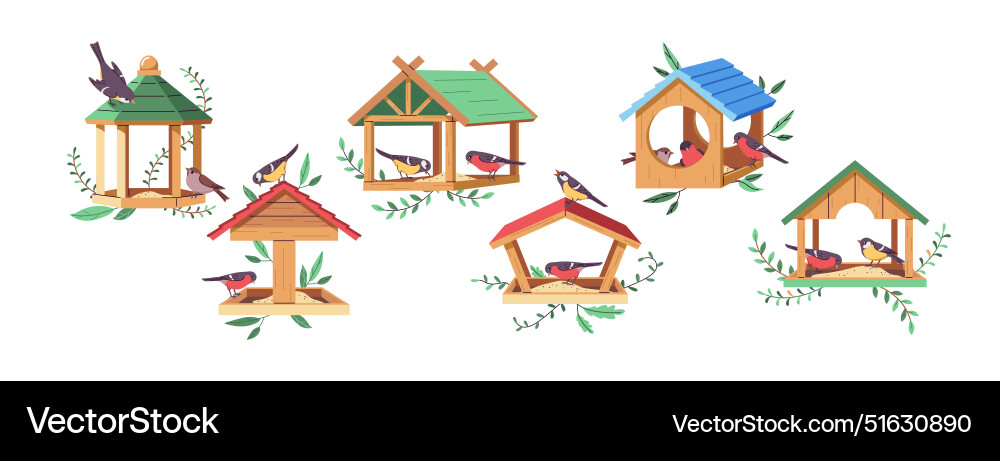 Birds nesting in birdhouses 2d cartoon objects set