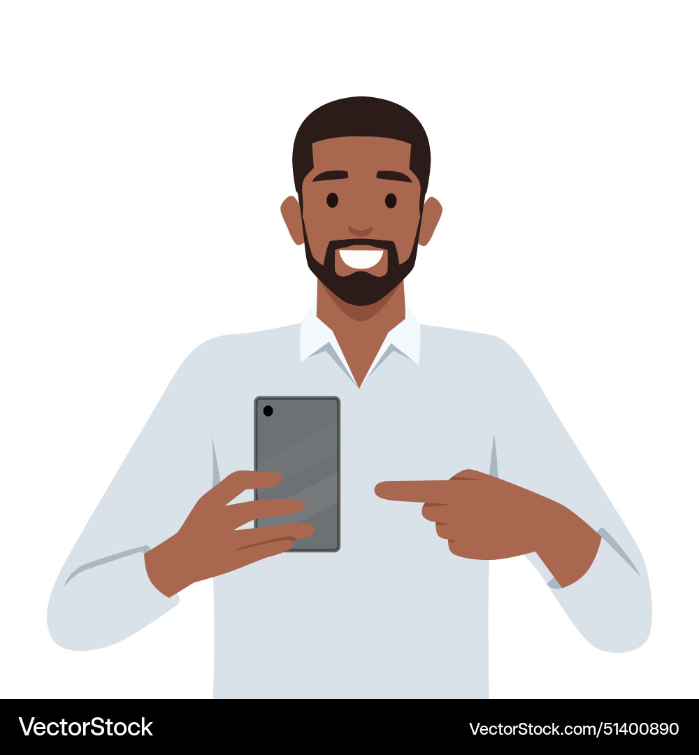 Man holding smartphone and pointing Royalty Free Vector
