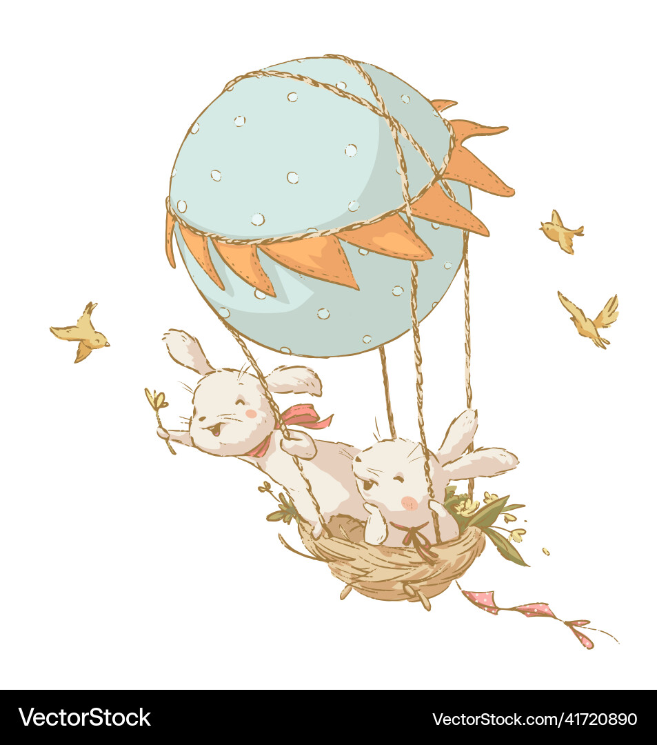Spring of bunny fly on balloon Royalty Free Vector Image