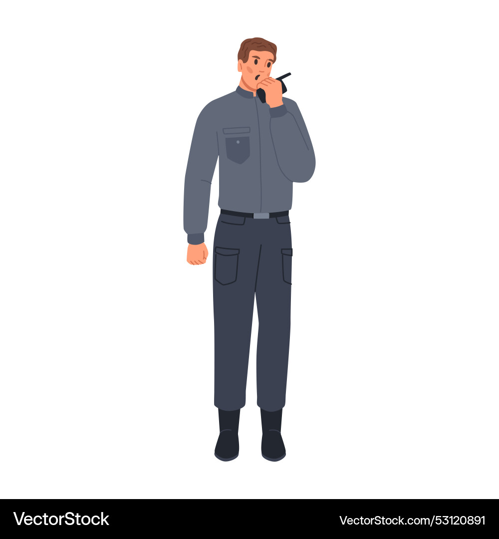 Police worker or guard speaking on walkie talkie Vector Image