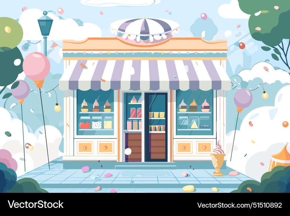 Charming candy shop front adorned pastel balloons Vector Image