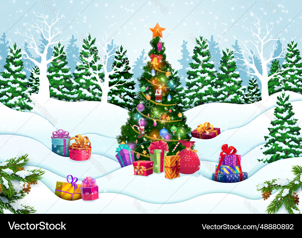 Christmas paper cut snow waves and decorated tree Vector Image