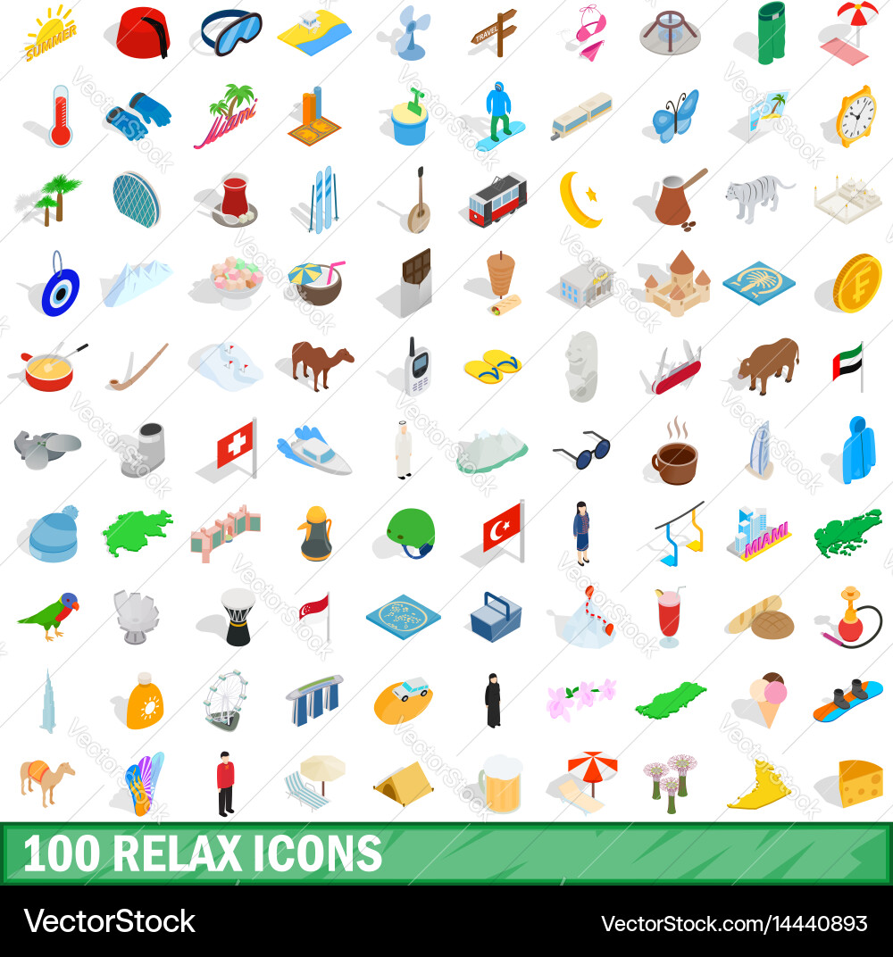 100 relax icons set isometric 3d style Royalty Free Vector