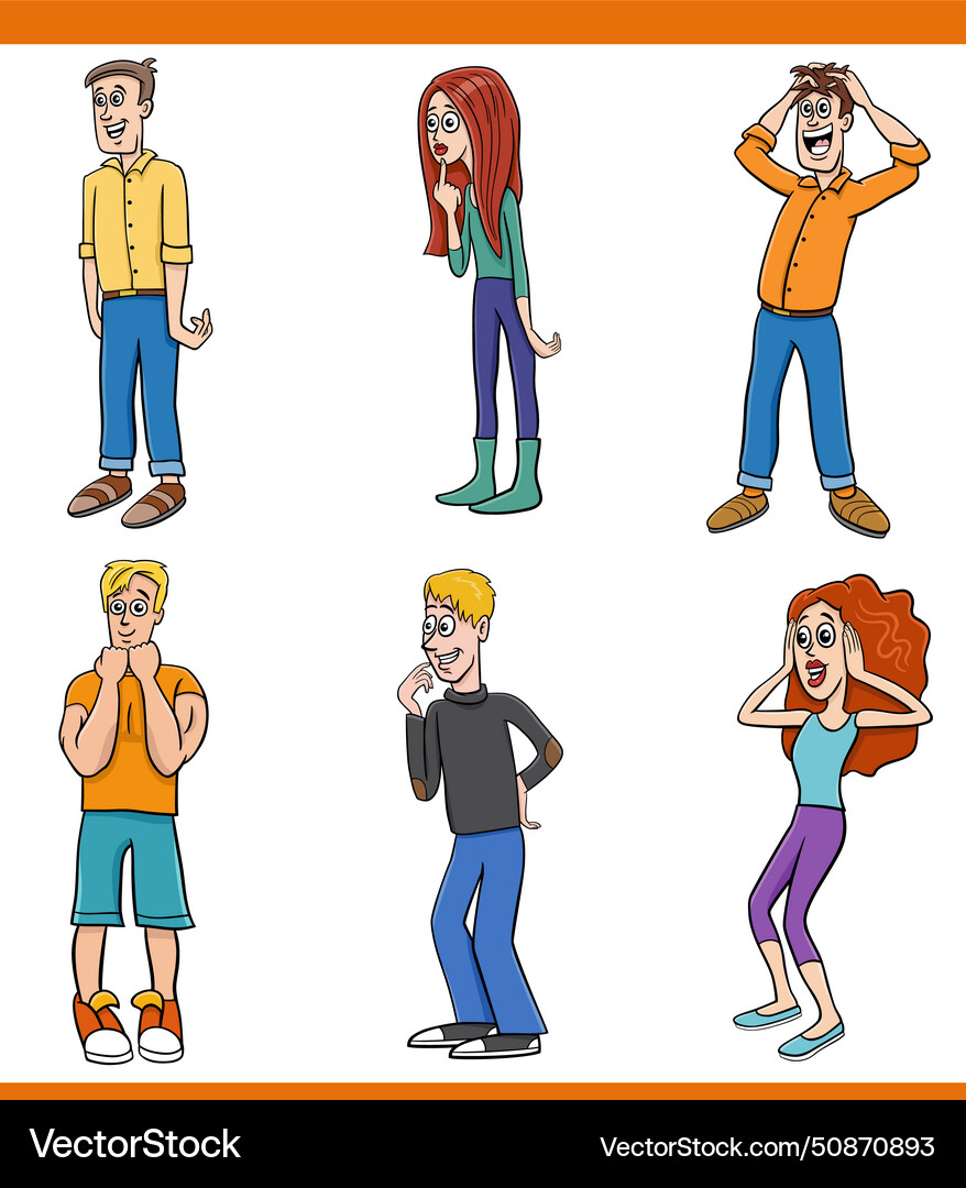 Cartoon funny surprised young people characters Vector Image