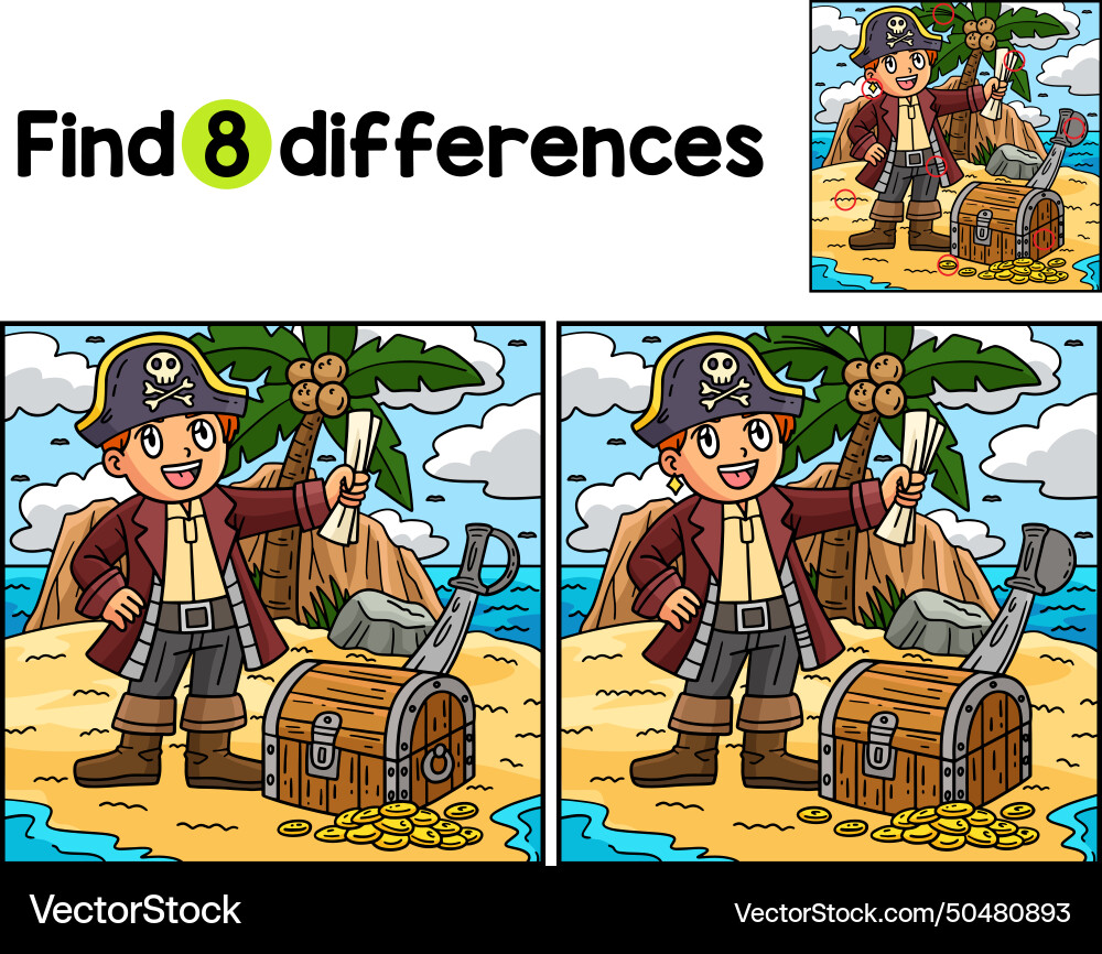 Pirate and treasure chest find the differences Vector Image