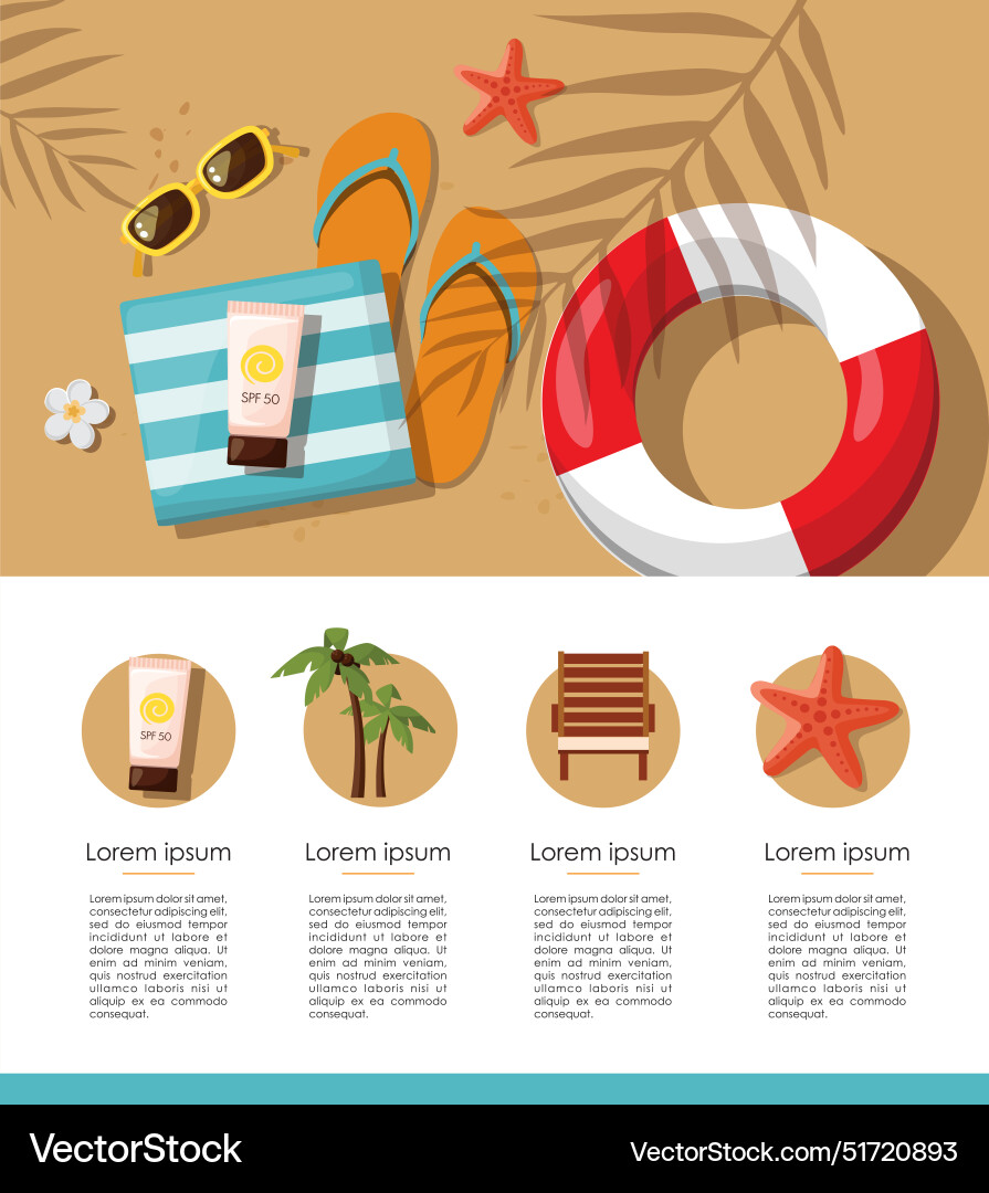 Top view different beach accessories on sand Vector Image