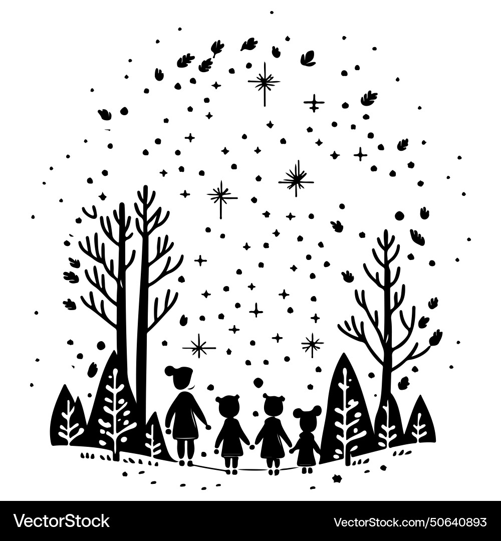 Winter forest watching shooting stars sketch draw Vector Image