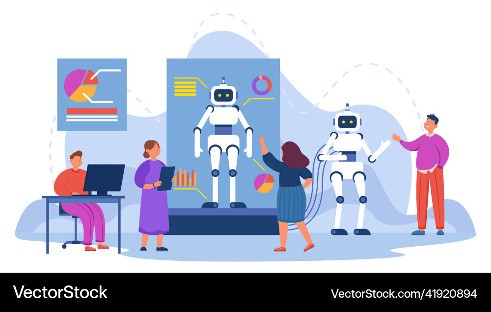 Cartoon tech team people creating robots in lab Vector Image