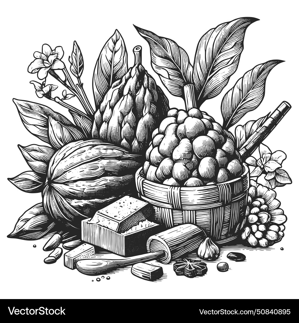 Cocoa pods and chocolate bar sketch Royalty Free Vector