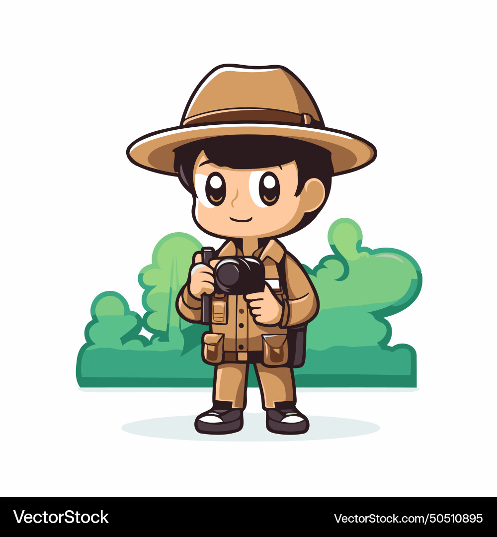 Explorer boy with camera in park cute cartoon Vector Image