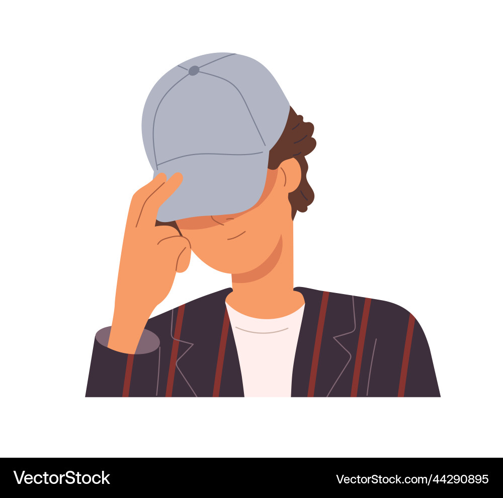 Man hiding face behind caps visor cool young guy Vector Image