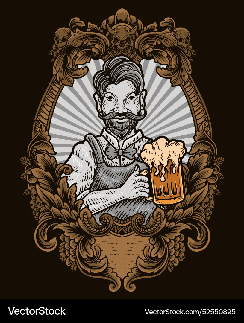 Vintage bartender with antique engraving frame Vector Image