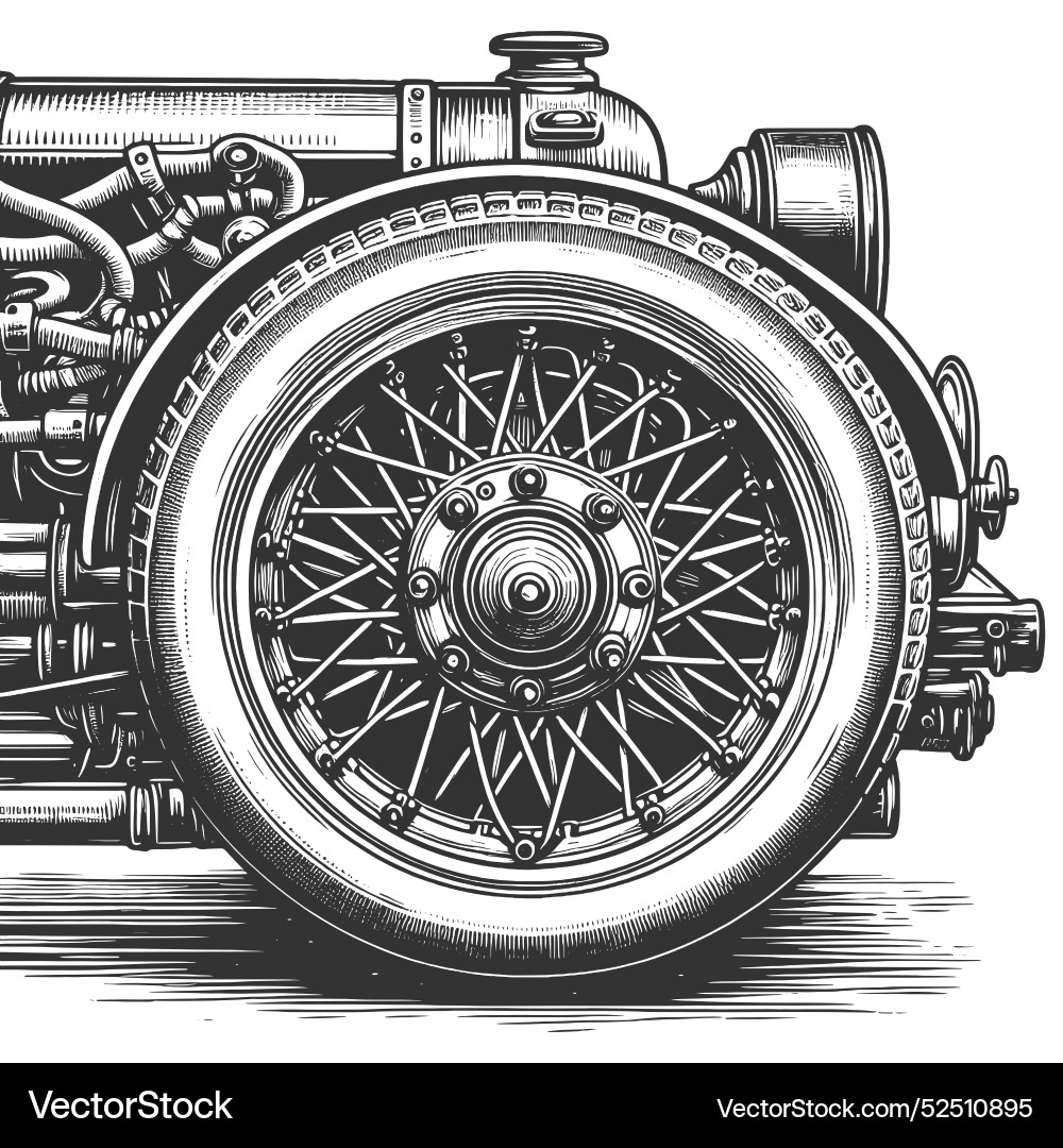 Vintage car wheel and engine engraving Royalty Free Vector