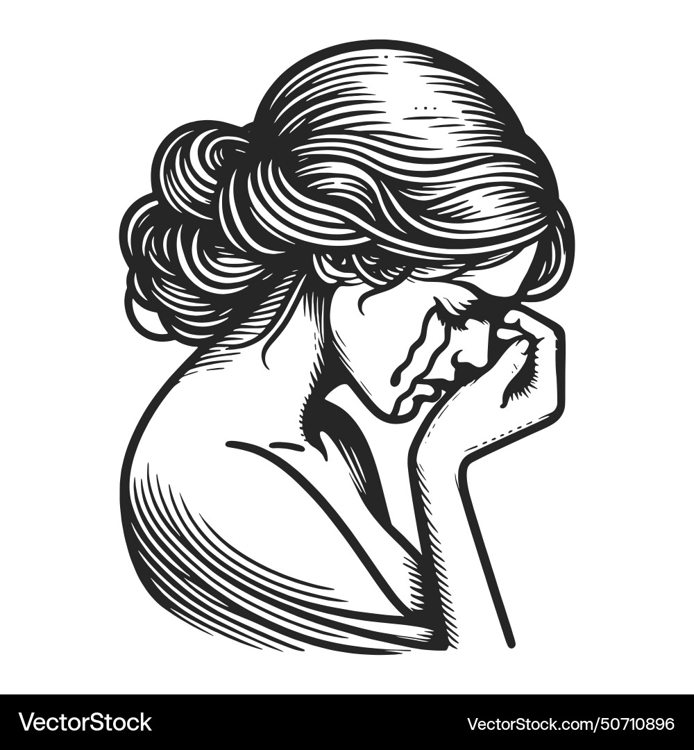 Crying woman in sorrow engraving sketch Royalty Free Vector