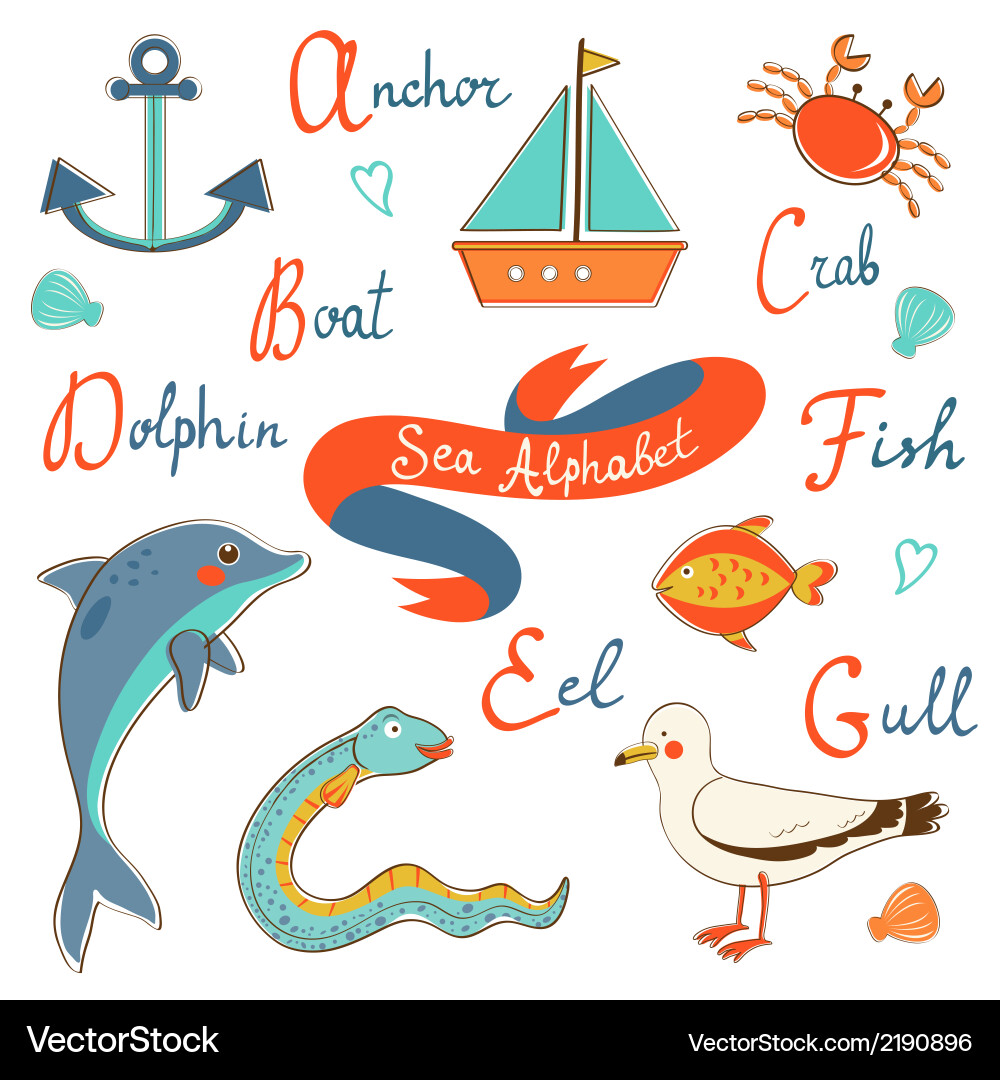 Cute sea alphabet Royalty Free Vector Image - VectorStock