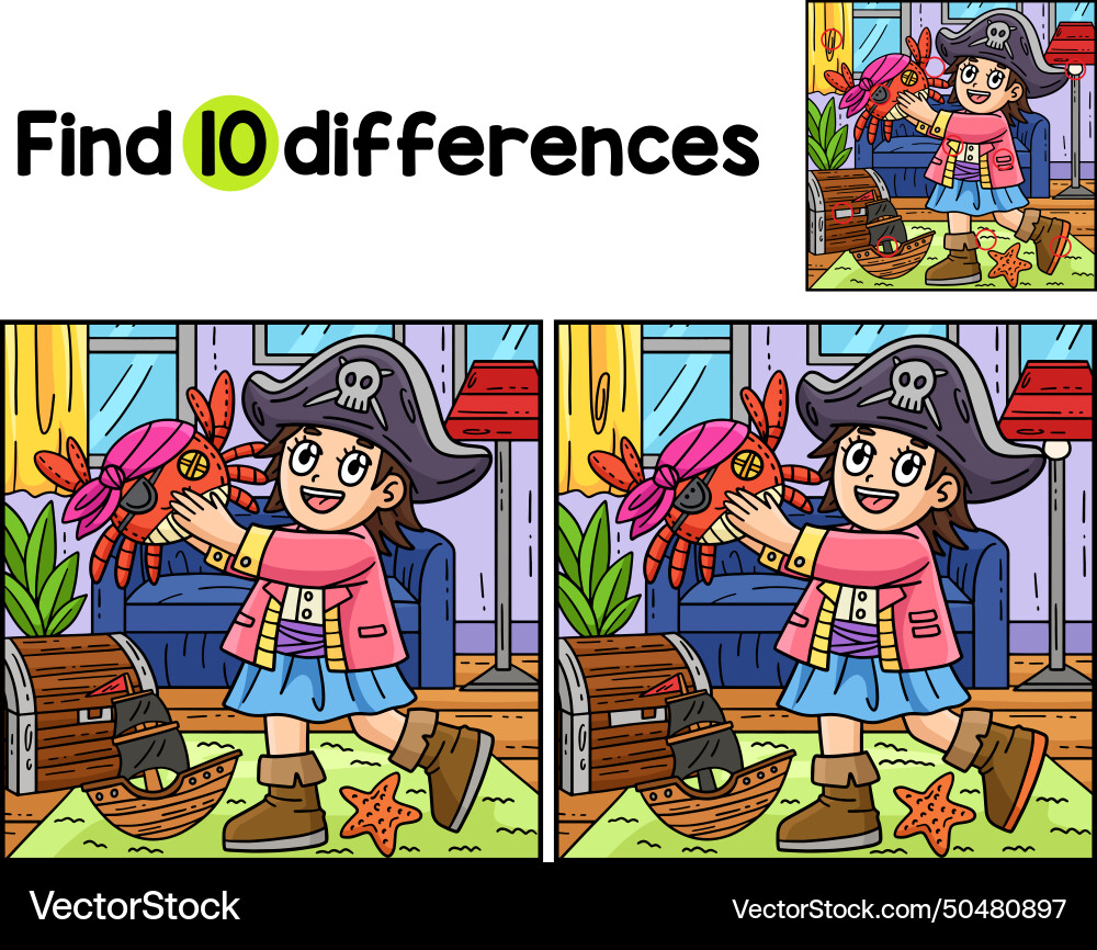 Child with a pirate crab toy find the differences Vector Image