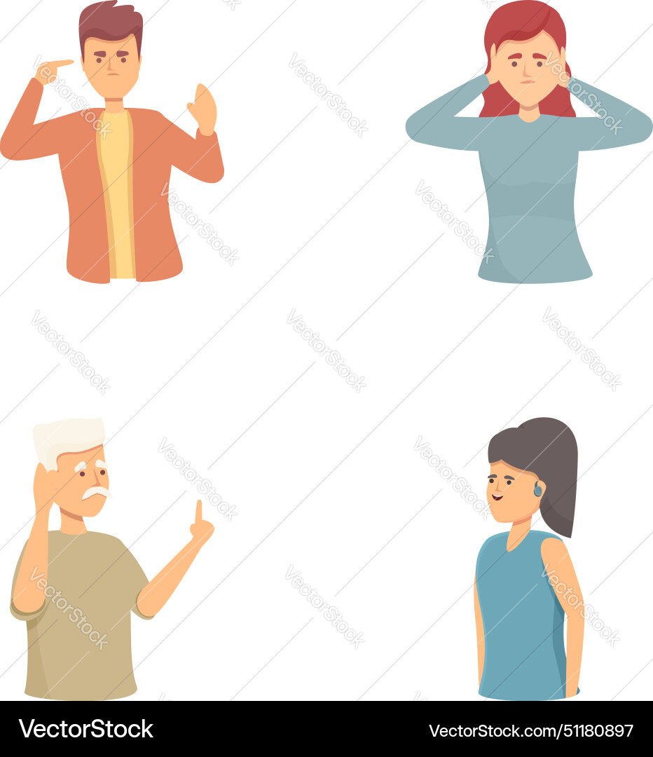 Deafness icons set cartoon deaf people Royalty Free Vector