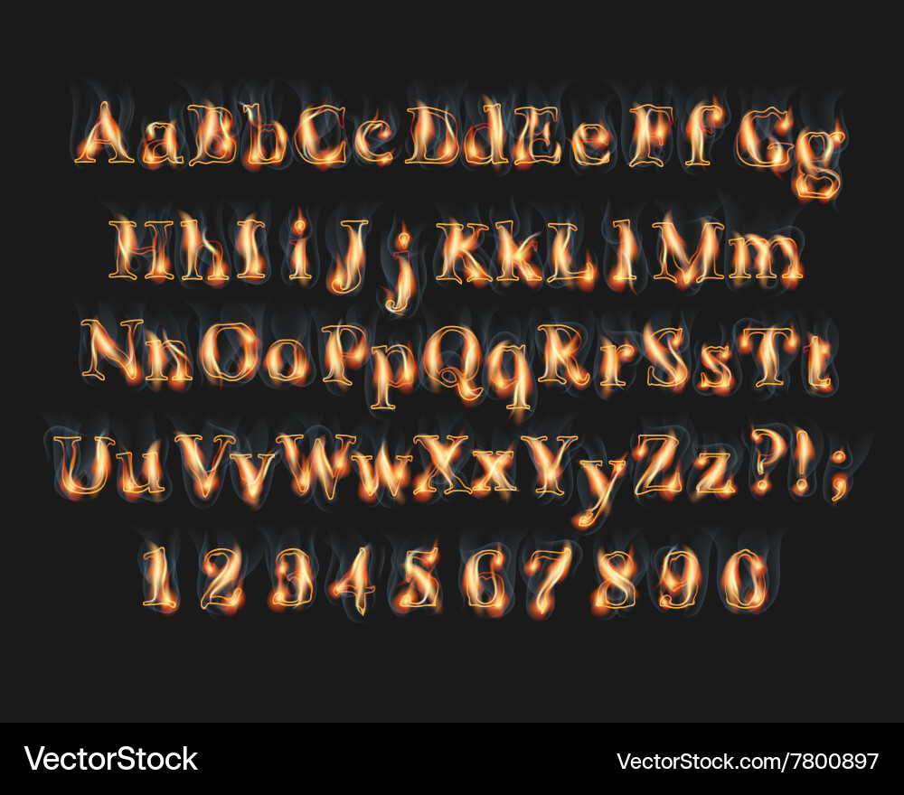 Fire burning alphabet and numbers font Royalty Free Vector