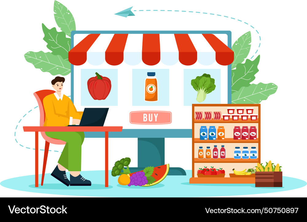 Online grocery store with food product shelves Vector Image
