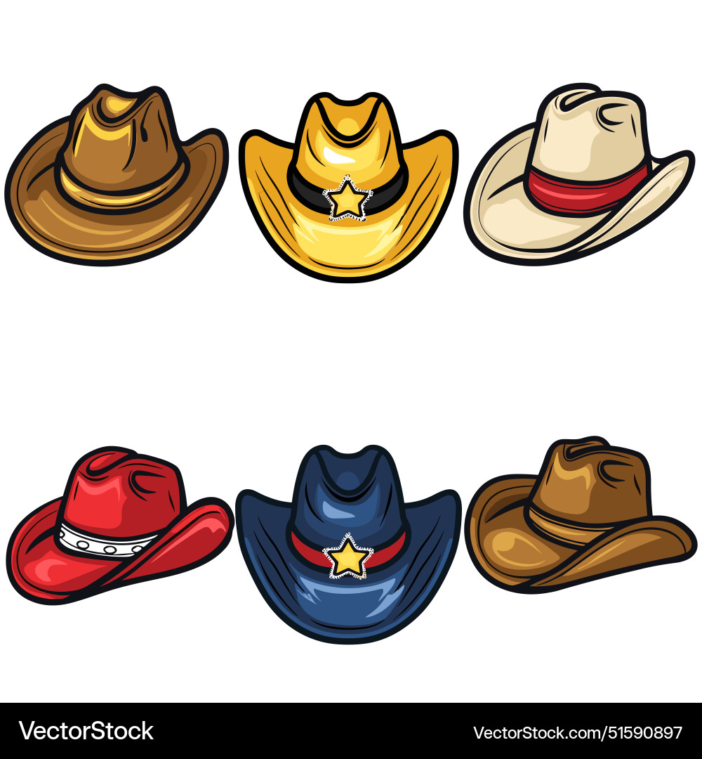 Six cowboy hats different styles colors depicted Vector Image