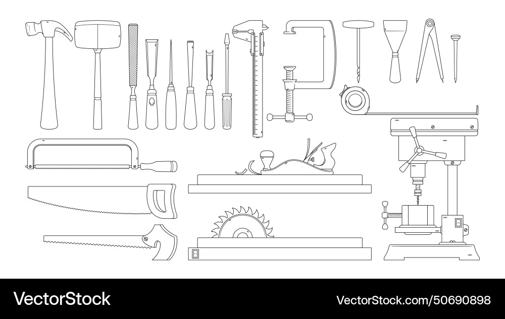Carpenter tools isolated outline icons set Vector Image