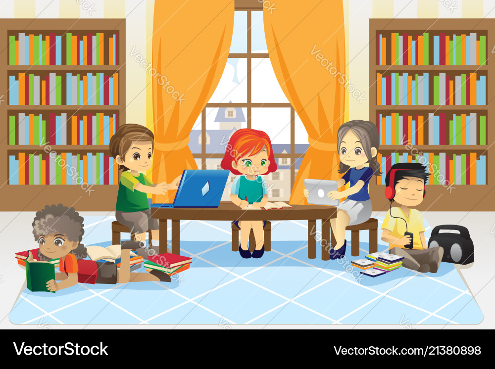 Children in library Royalty Free Vector Image - VectorStock
