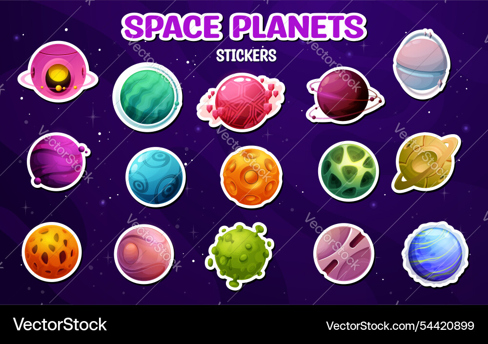 Cartoon alien space planets stickers set Vector Image