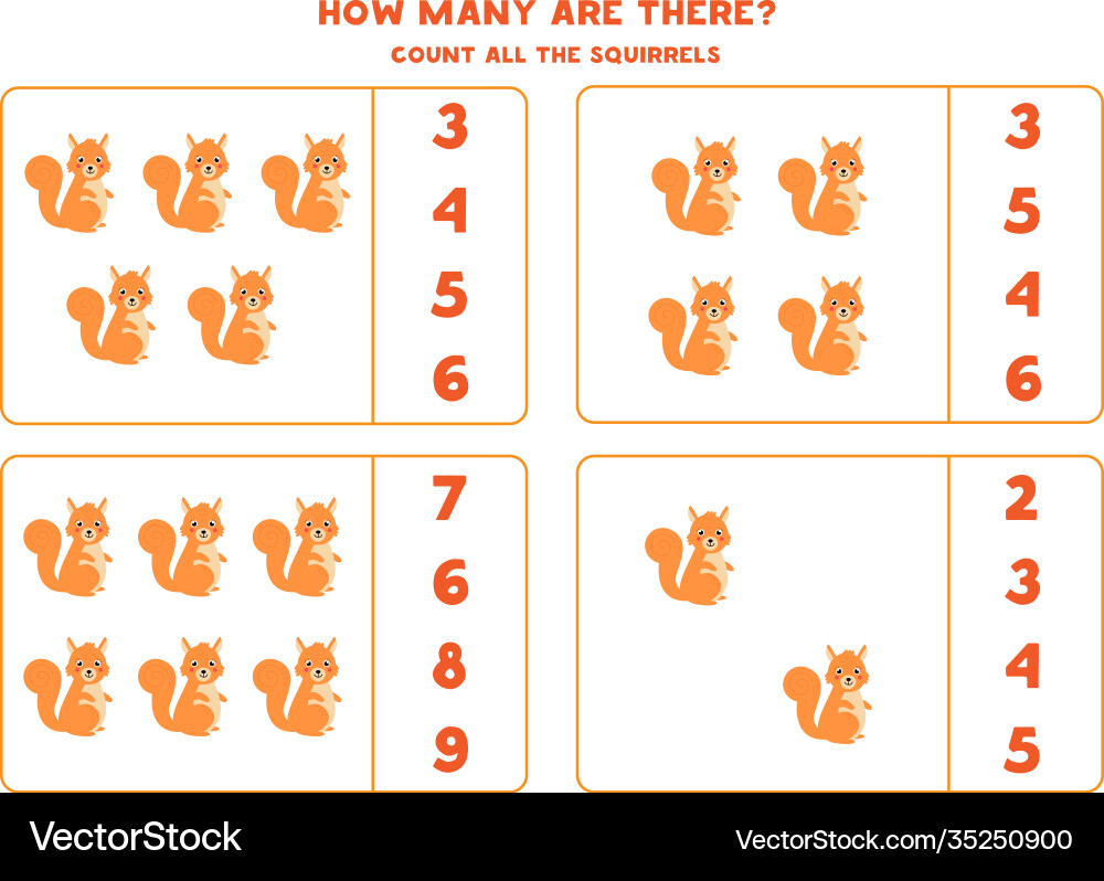 Counting math game with cute cartoon squirrels Vector Image